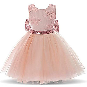 Pink Backless Sequin Elegant Tutu Fluffy Pageant Wedding Dresses for Toddler Baby Kids Elegant Bridesmaid Clothes Romantic Vintage Birthday Bow Skirt Size 12-18 Months Age 1-2 Pink 90