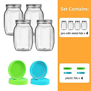 32 oz Wide Mouth Mason Jars with Metal Lids & Plastic Lids, Quart Size Clear Glass Jars for Preserving, Meal Prep, Salad, Canning, Fermenting, Favors, Home Decor, DIY - 4 Pack1