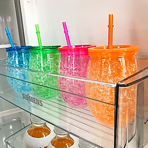 EASICOZI Cute Shape Frosty Freezer Ice Mugs with Straw Clear 11.8oz Set of 4(Red, green, blue and orange) (Oval)