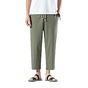 PRIJOUHE Mens Harem Pants Casual Lightweight Loose Fit Capri Pants Linen Beach Pants with Elastic Waistband