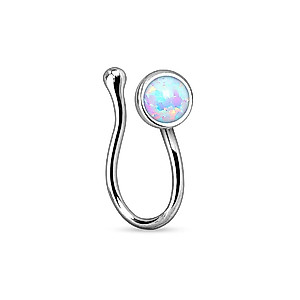 17GA Silver Tone Synthetic Opal Gem Clip On Fake Non No Piercing Nose Ring (White)