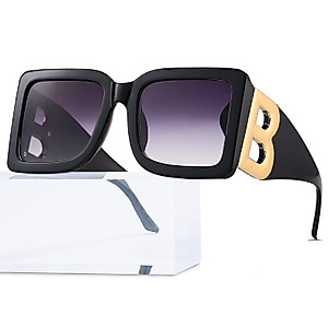 Breaksun Fashion Big Square Sunglasses for Women Men Classic Black Luxury Designer Sun Glasses Thick Frame Gradient Tint (Black/Grey/Black Character)