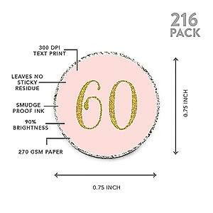 Andaz Press Gold Glitter Print Chocolate Drop Labels Stickers, Cheers 60, Happy 60th Birthday, Anniversary, Reunion, Blush Pink, 216-Pack, Not Real Glitter, for Kisses Party Favors
