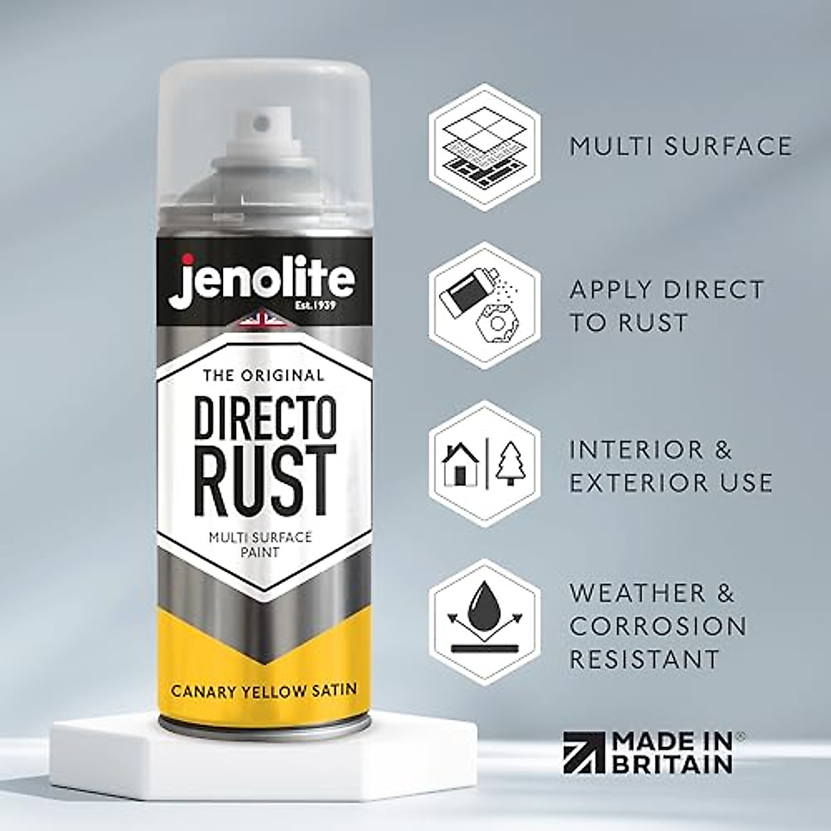 JENOLITE Directorust Satin Spray Paint | CANARY YELLOW | 400ml (13.52fl oz) | Semi-Gloss Spray Paint | Wood, Metal, Plastic, Ceramic & Rusted Surfaces | Interior & Exterior Use | RAL10018