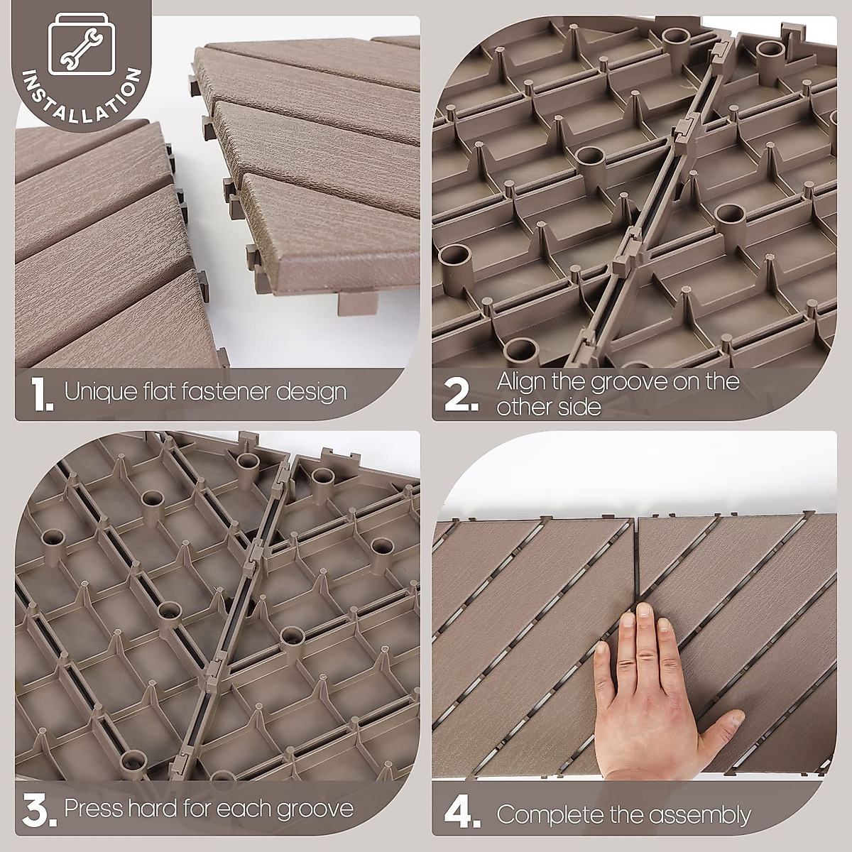 Chaoaixx Plastic Interlocking Deck Tiles,9 Pack Patio Deck Tiles Patio Deck Tiles Waterproof Outdoor Flooring, 10" x 10" Patio Floor Decking Tiles for Porch Poolside, Wood Grain Brown