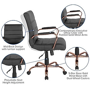 Flash Furniture Whitney Mid-Back Swivel LeatherSoft Desk Chair with Padded Seat and Armrests, Adjustable Height Padded LeatherSoft Office Chair, Black/Rose Gold