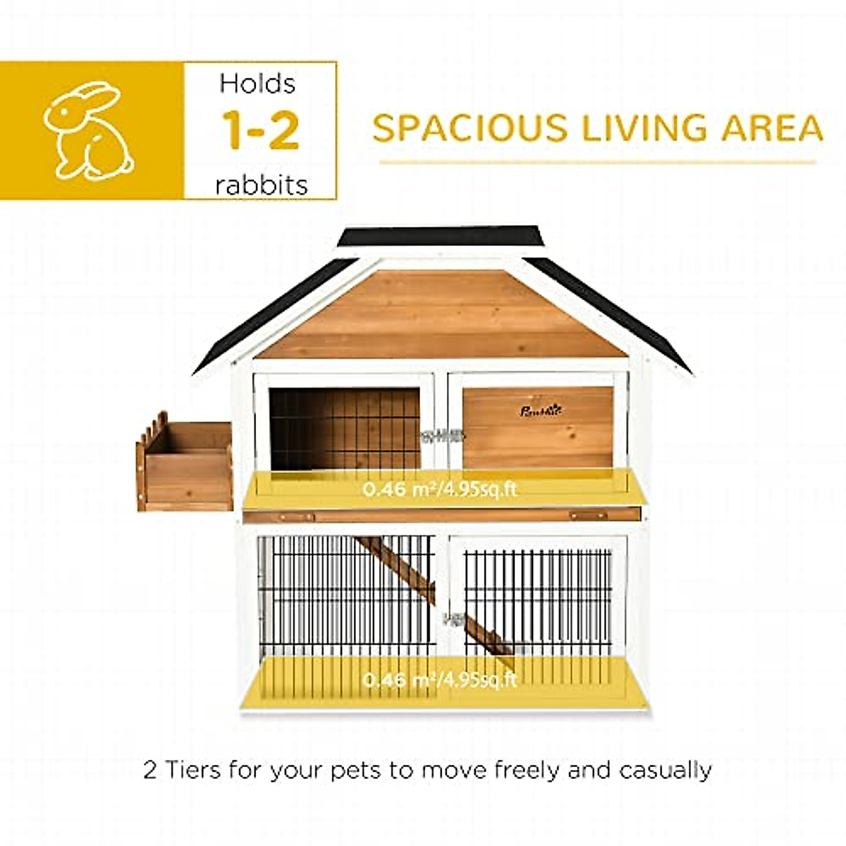 PawHut Rabbit Hutch Outdoor for 2 Rabbits, Wooden Rabbit Cage with Flower Bed, Removable Tray, Ramp