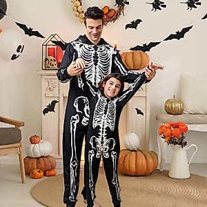 ANGELGGH Family Matching Halloween Onesie Pajamas, Funny Skeleton Printed Hooded Zipper PJs Loungewear for Men/Women/Kids (Kids, 8-10T, Skull)