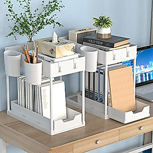 SUPPNEED 2-Tier Under Sink Organizer and Storage,Sliding Under Bathroom Cabinet Storage Drawer Organizer with Hooks, Hanging Cups, Multi-purpose Under Sink Shelf Organizer, White, 2 Pack