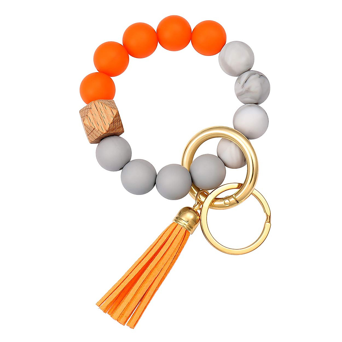 boderier Silicone Bead Key Ring Keychain Bracelet Wristlet Band Bracelet with Tassel Portable House Car Keys Ring Holder (Orange)
