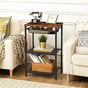 HOOBRO Tall Side Table, Industrial End Table with Adjustable Metal Mesh Basket, Telephone Table with Storage Shelf for in Bedroom, Living Room, Hallway, Easy Assembly, Rustic Brown BF02DH01