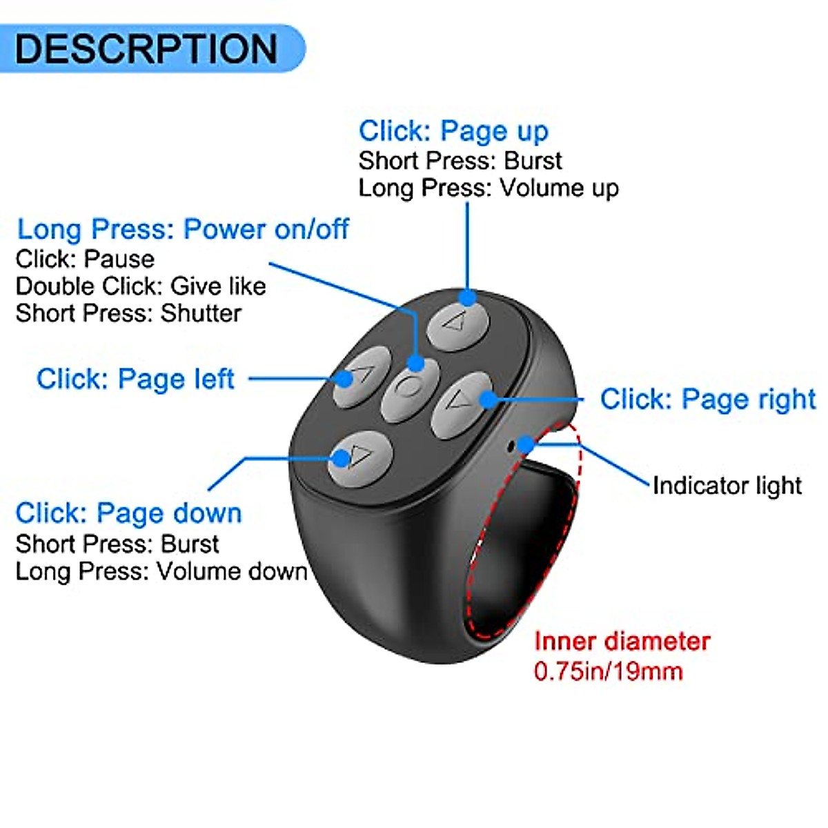 Bluetooths Remote Control Scrolling Ring for Tiktok Page Turner, Wireless Camera Shutter Selfie Button for iPhone Android iPad Cell Phone Remote Clicker Kindle App, Simulate Mouse Operation - Black