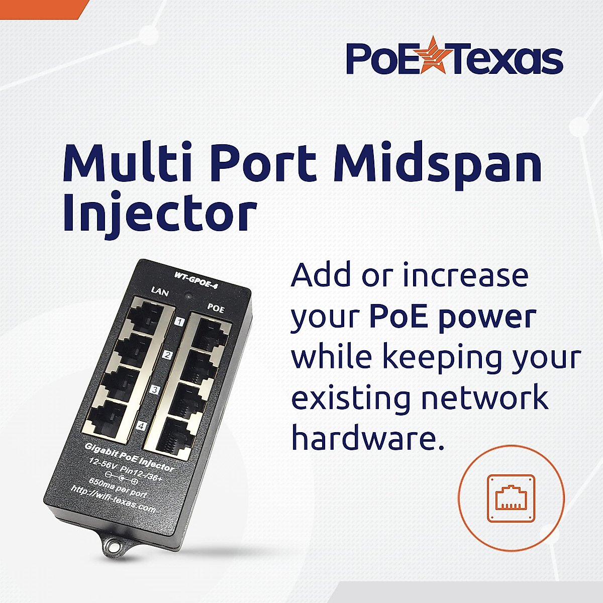 PoE Texas 4 Port PoE Injector - Gigabit Passive Power Over Ethernet with 48V 48W UL Power Supply - 802.3af PoE Injector for VoiP Phones, WiFi Access Points, IP Cameras - Add PoE to Any Switch
