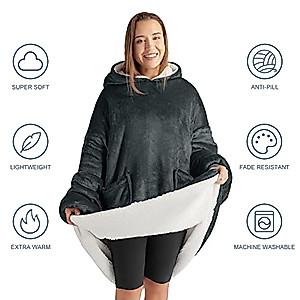 CozyLux Wearable Blanket Hoodie Gifts for Women, Oversized Warm Sherpa Flannel Sweatshirt Blanket with Hood and Pockets, One Size Fits All Presents for Women, Grey