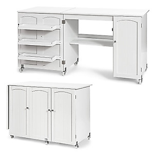 Giantex Folding Sewing Craft Table, 3 Storage Bins, Side Cabinet, Interior Shelf, Rolling Sewing Machine Cabinet Craft Station Desk with Lockable Wheels for Apartment Small Spaces, White