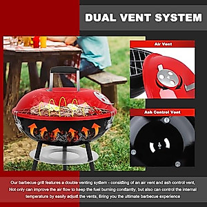 14in Charcoal Grill with 2 Grilling Racks, Joyfair Portable BBQ Grill for Outdoor Camping/Backyard Barbecue Party, Enamel Coated Fire Box & Dual Ventilation System, Lightweight & Easy Carrying, Red