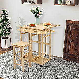 FCH Drop Leaf Table with 2 Square Stools and 2 Drawers Solid Wood Kitchen Table and Chair Set Island Cart Trolly Breakfast Bar