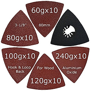 XXGO 51 Pcs Triangular 80mm 3-1/8 Inch Hook and Loop 60 80 100 120 240 Grits Oscillating Multi Tool Sandpaper and Triangle Multitool Sanding Pads Kits XG5106