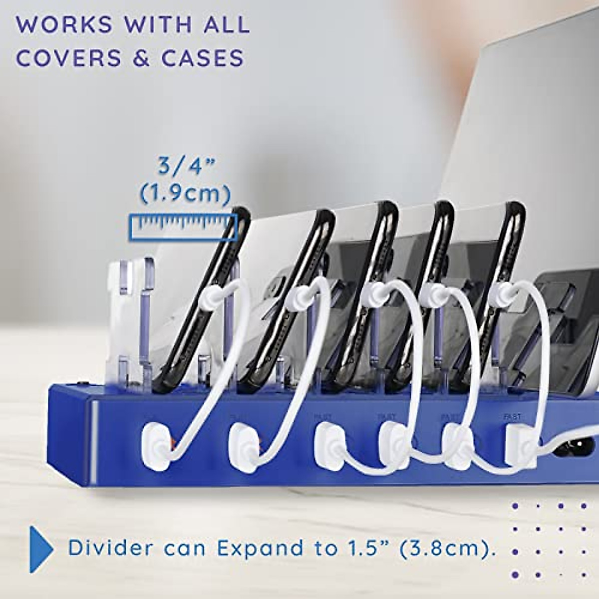 Hercules Tuff Charging Station for Multiple Devices - 6 Ports - (4) iOS Compatible, (1) USB-C & (1) Micro USB Cable for Cell Phones, Smart Phones, Tablets, and Electronics, Blue
