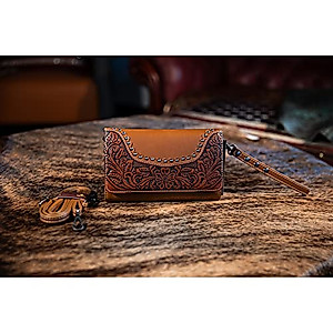 Montana West American Bling Tooling Collection Wallet Western Crossbody Bag Wristlet Purse for Women with Phone Pocket Brown MBB-FIO-006BR