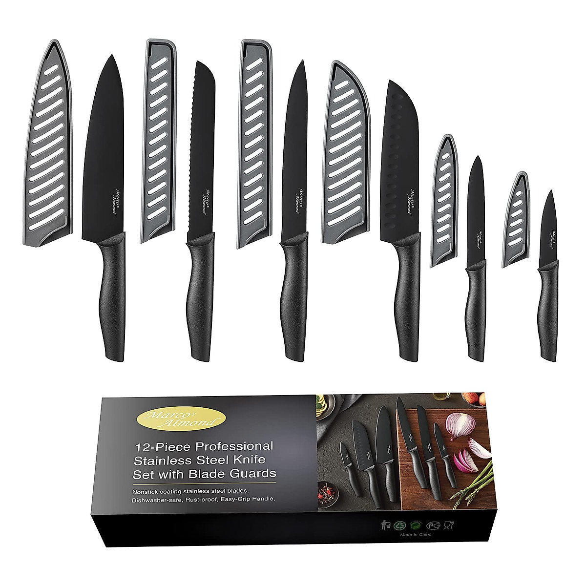 Marco Almond KYA38 Kitchen Knife Sets + KYA59 Titanium Coated Stainless Steel Long Handle Spoons
