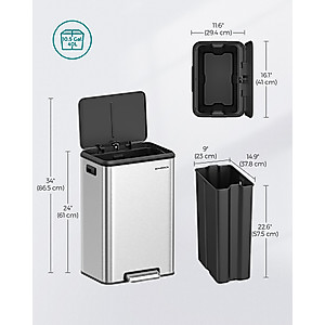 SONGMICS Kitchen Trash Can, 10.5-Gallon (40L) Garbage Can with Lid and Wide Foot Pedal, Soft Close and Stays Open, Silver ULTB541E40