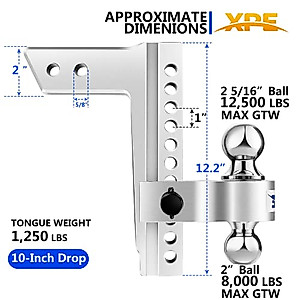 XPE Aluminum Adjustable Trailer Hitch Fits 2-inch Receiver, 10-inch Drop, Solid Tube Hitch -12,500 LBS, 2 and 2-5/16 inch Balls