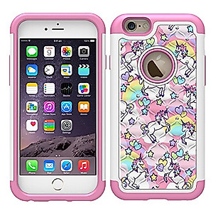 iPhone 6S Case, iPhone 6 Bling Case, Rainbow Unicorn Pattern Heavy Duty Shockproof Studded Rhinestone Crystal Bling Hybrid Case Silicone Protective Armor for Apple iPhone 6S iPhone 6