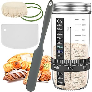 esidianzi Sourdough Starter Jar Kit 650ml Sourdough Starter Container Glass Sourdough Fermentation Jar Wide Mouth with Cloth Cover Spatula Scraper Thermometer Strip Elastic Band Rubber Band for Home