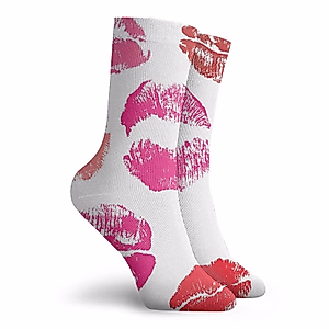 Kiss Funny Compression Socks Women and Men,Grunge Pink And Red Lipstick Marks Beauty Desire Love Valentines Smooch,Best for Circulation,Running,Athletic,Nurse,Travel,Fuchsia Ruby Red Rose -12 inch