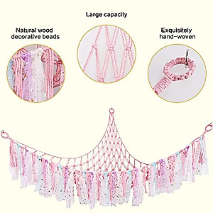 Stuffed Animal Net or Hammock with LED Light, Toy Hammock Hanging Stuffed Animal Storage Organizer Holder Room Décor with Tassels for Nursery Play Room Kids Bedroom (Pink)