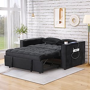 Convertible Sofa Couch with Pull-Out Sleeper,Adjustable Loveseat Armchair Single Bed Chair with Cup Holder,USB Port,Side Pocket&Pillows for Living Room/Apartment/Office/Studio/Small Place