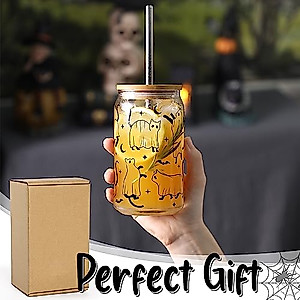 Nefelibata Halloween Ghost Cat Iced Coffee Cup 16 OZ Beer Can Glass Glass with Lid Metal Straw and Brush, Reusable Drinking Jar for Coffee Tea Soda Juice Fall Halloween Christmas Gift Ideas Set of 1