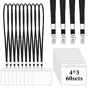 60 Pack Clear Name Tags Holder and Lanyards, Reusable Lanyard with Horizontal ID Badge Holder Bulk Lanyards with Clip for Id Badges(Black)