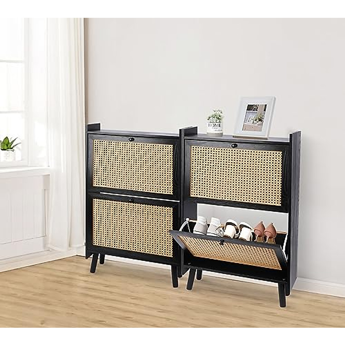 ZYBT Black Entryway Shoe Storage Organizer, Wooden Shoe Rack for Door, Free Standing Shoe Racks for Entryway, Shoe Storage Cabinet for Entryway Slim, 2 Flip Drawers Rattan Shoe Organizer