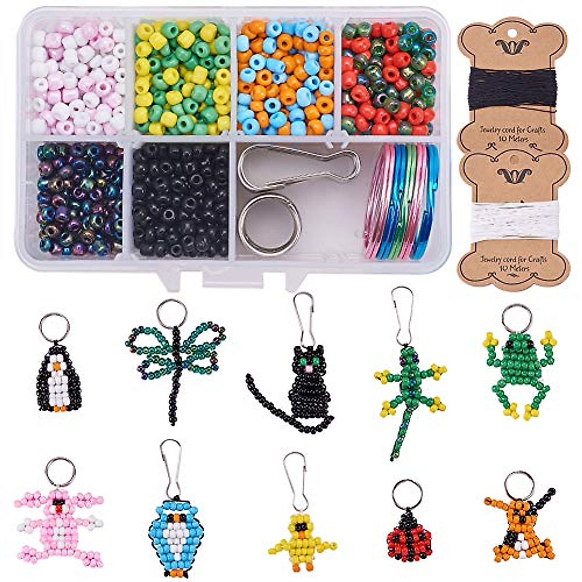 SUNNYCLUE 1 Box 1000+pcs DIY 10 Sets 4mm Seed Beads Kit Arts and Crafts for Include Keychain, Keyring & Lanyard Clips, Instruction Pony Beads Kit Christmas Gift Jewelry Making Paper Box Plastic Case