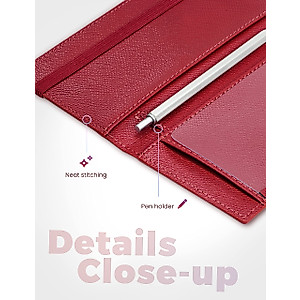 Yarnic Checkbook Cover for Personal Checkbook, Checkbook Holder with Pen Holder & Built-in Clear Plastic Divider for Duplicate Checks (Dark Red)