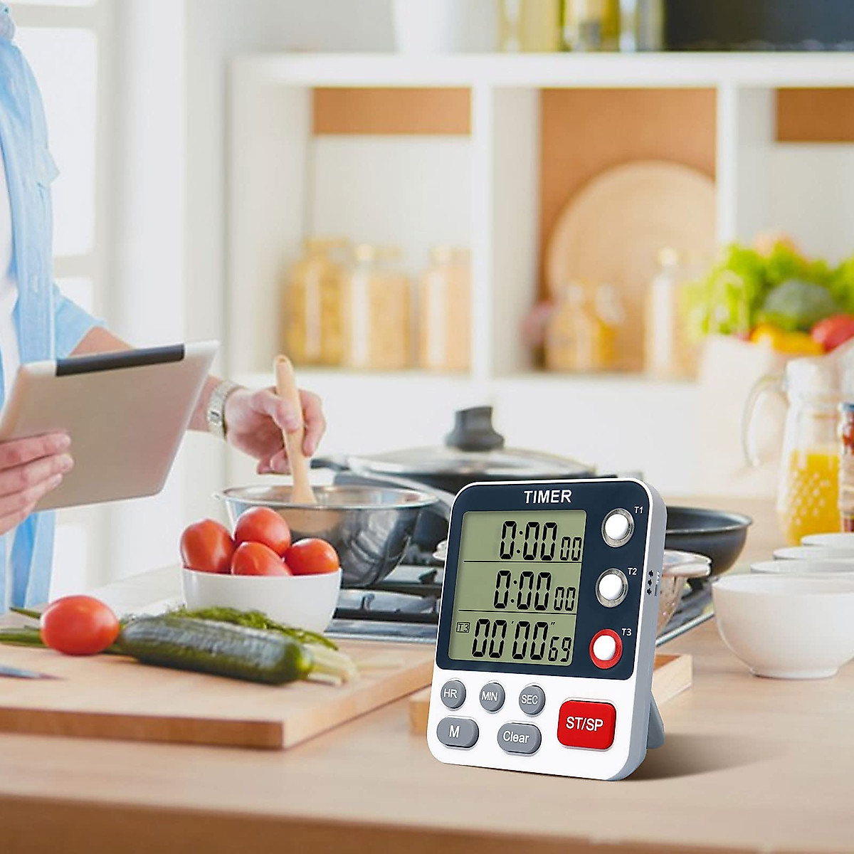 Digital Kitchen Timers, 3 Channels Count UP/Down Timer, Adjustable Cooking Timer with Magnetic Back, Large Display, Loud Volume Alarm, ON/Off Switch, Battery Included