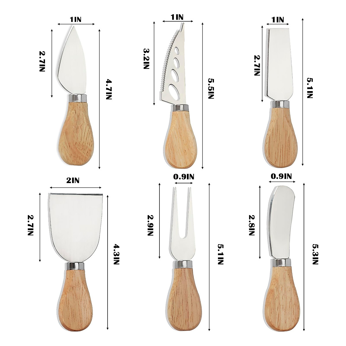 6 Pcs Cheese Knives Set, Cheese Knives with Cheese Slicer Cheese Cutter Cheese Fork, Stainless Steel Cheese Spreading Knife for Charcuterie Boards and Cutlery Gift Set(Oak Handle)
