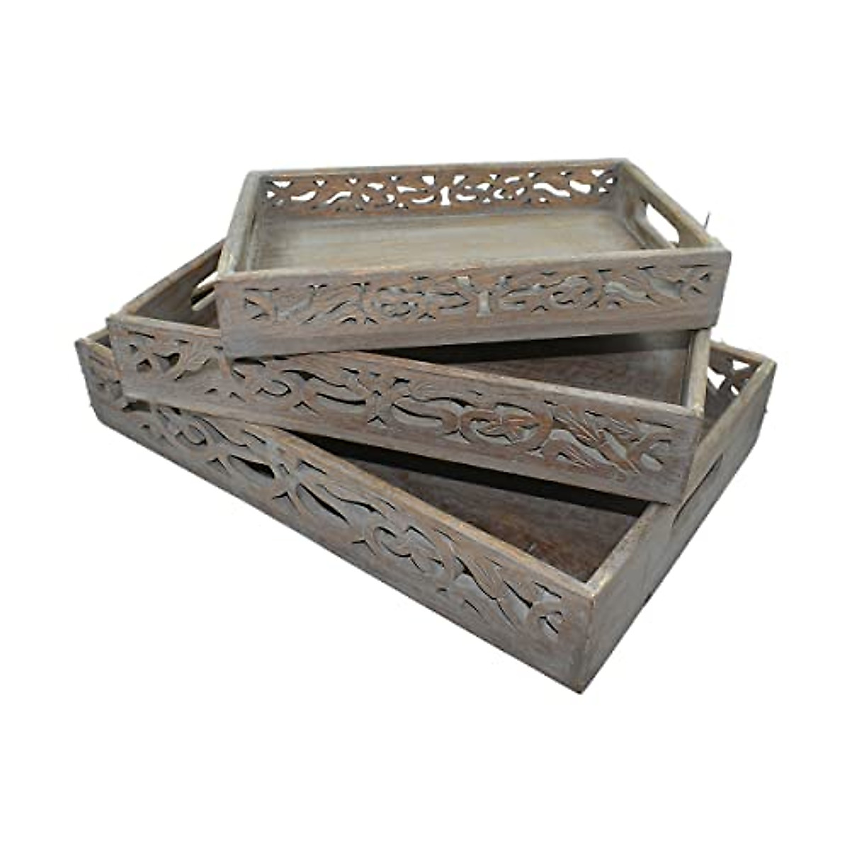 STORE INDYA Vintage Rustic Wooden Serving Trays with Handle - Set of 3 - Large, Medium and Small - Nesting Multipurpose Trays