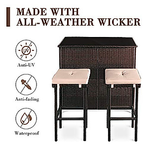 Omelaza 3-Piece Patio Bar Table Set Outdoor Wicker Bistro Set - Glass Bar and Two Stools with Cushions for Patios, Backyards, Porches, Gardens or Poolside