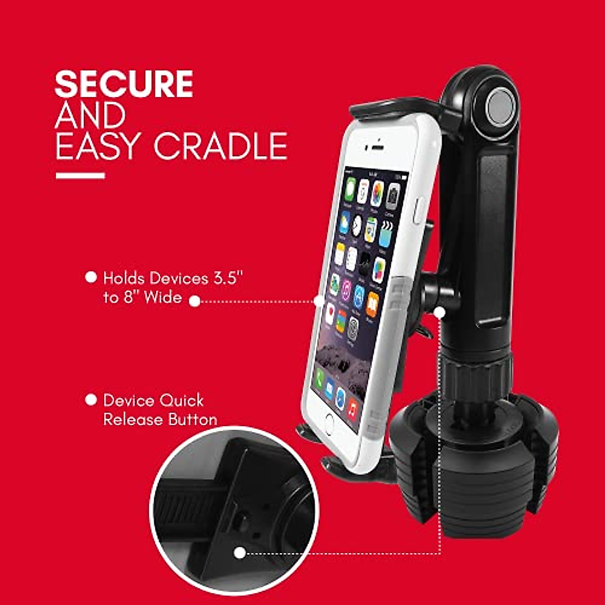 Macally Cup Holder Tablet Mount - Heavy Duty iPad Cup Holder Car Mount Stand or Tablet Holder for Car, Truck, and Vehicle - Fits Devices 3.5" - 8” Wide with Case - Adjustable iPad Holder for Car