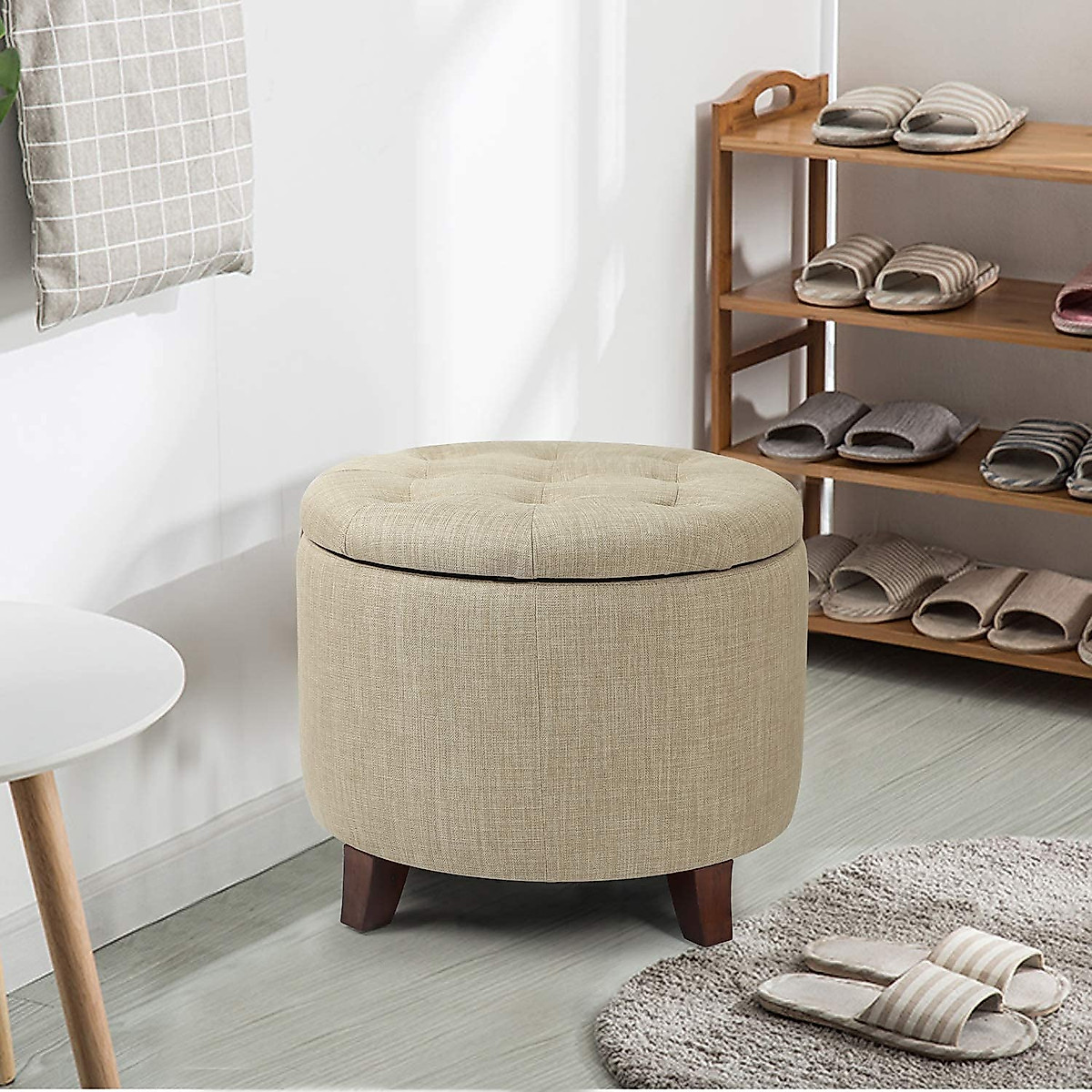 DECO DE VILLE Round Footstool Storage Ottoman, Cushion Button Tufted Linen Fabric Ottoman with Removable Lid, 20", Beige