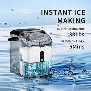 Pobwam Nugget Ice Maker Countertop Chewable Ice Maker Machine with Handle Self-Cleaning Ice Machine with Ice Scoop Ice Basket Ice Makers for Home/Kitchen/Party/33Lbs/24H Silver