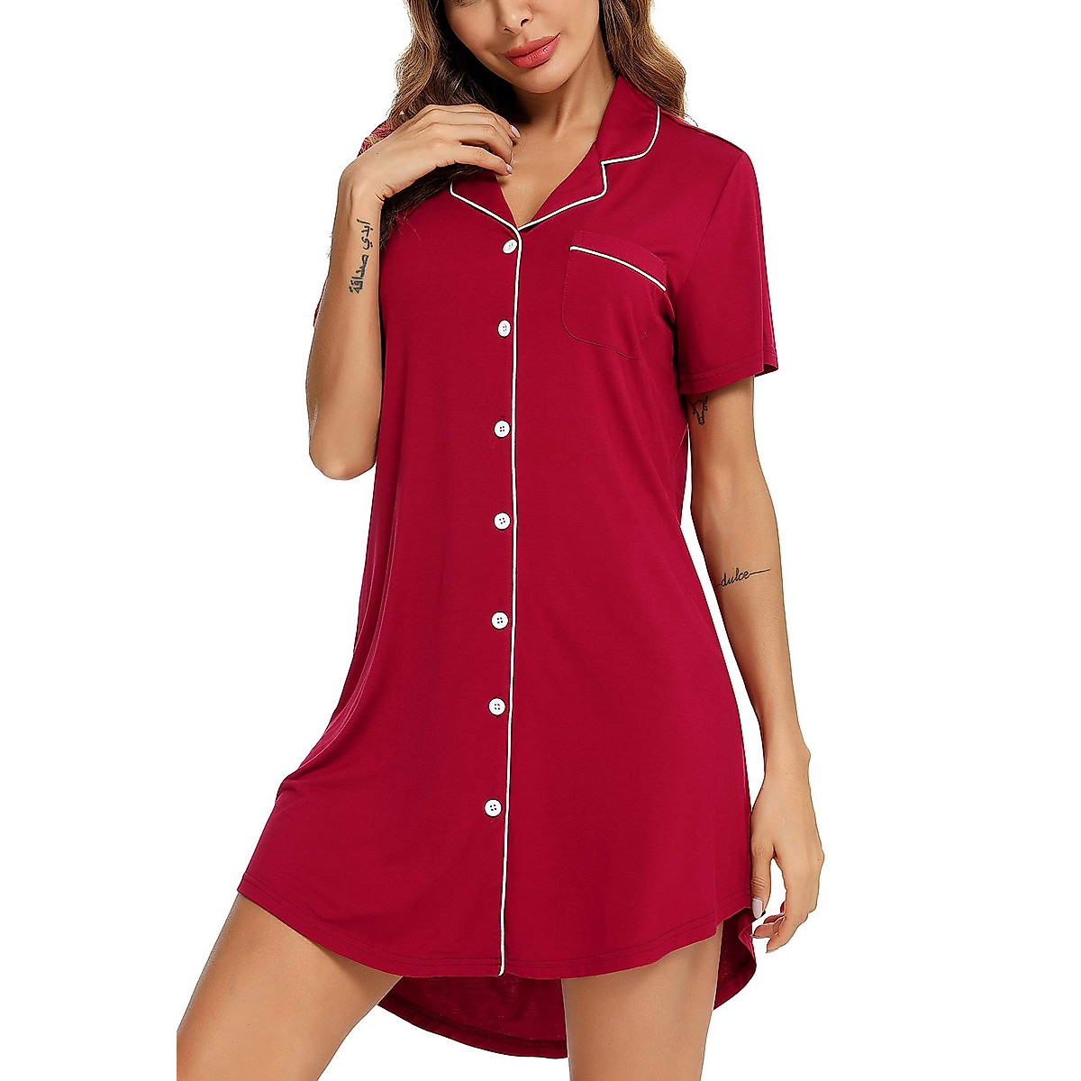 Samring Womens Nightshirt V Neck Boyfriend Sleepwear Shirts Loose Sleeve Button Sleep Tee Red S