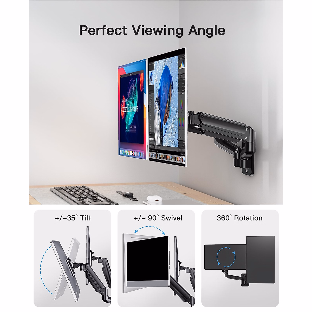 HUANUO Dual Monitor Wall Mount for 17 to 32 Inch Screen, Wall Mount Monitor Arm for 2 Monitors, Each Holds Up to 17.6lbs, Full Motion Wall Monitor Mount with Tilt Rotate Swivel, VESA 75x75 or 100x100