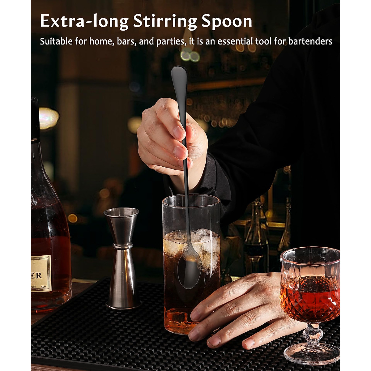 Lovingly Yours 9.5-Inch Long Handle Ice Tea Spoons, Ice Cream Spoons, Black Long Coffee Spoons, Stainless Steel Long Spoons for Stirring, Set of 4