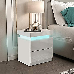 CLIPOP Modern Nightstand, LED Night Stand with 2 High Gloss Chest of Drawers, Bedside Table Cabinet with Remote Control Light, Wood Matte Nightstand 20.6" Tall Bedroom Furniture, White