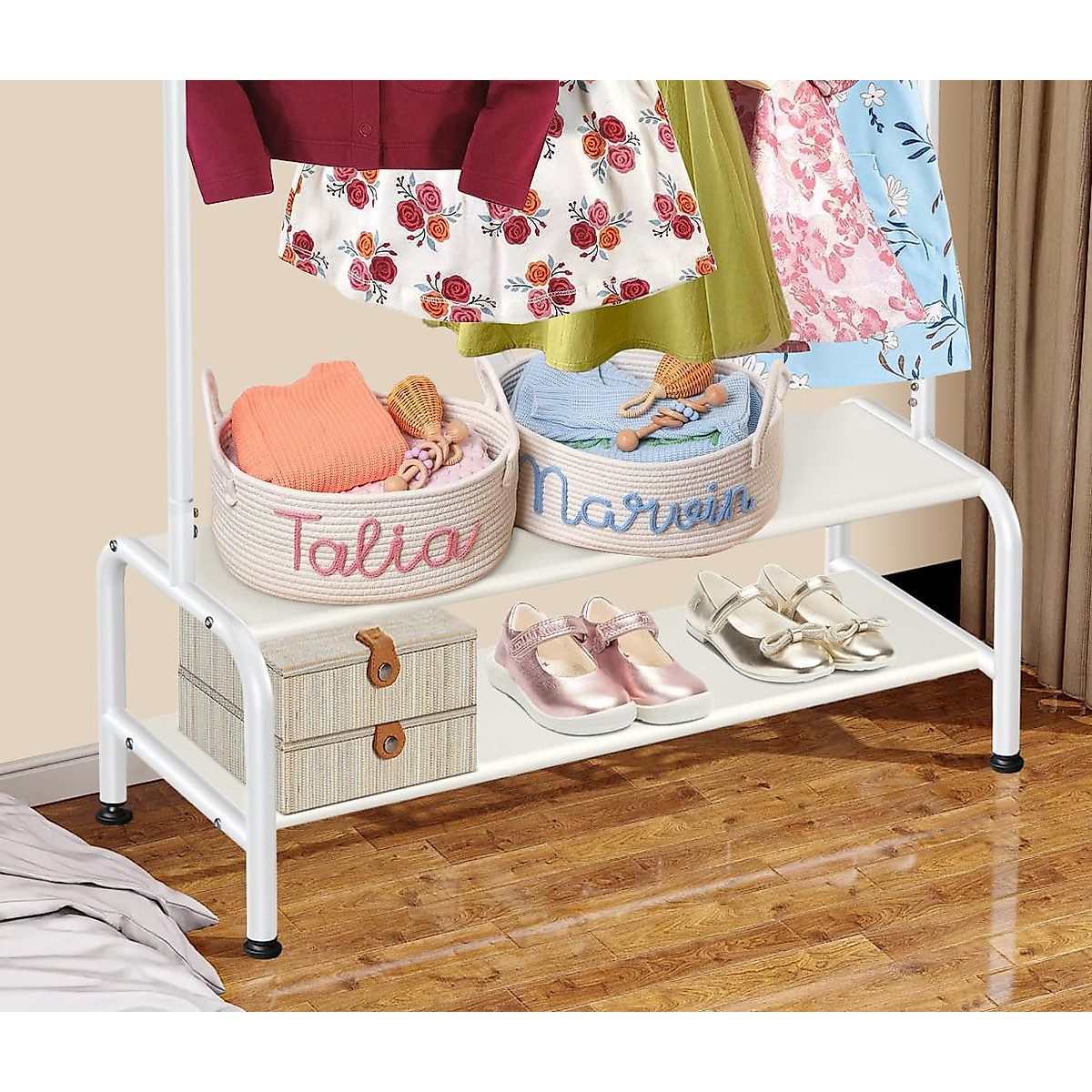 Kids Clothing Rack - Kids Dress Up Clothes Storage Racks - Baby Toddler Clothes Rack - Small Kids Costume Wardrobe Rack with 2 Fabric Floors Storage Shelf - Mini Short Kids Clothing Garment Rack