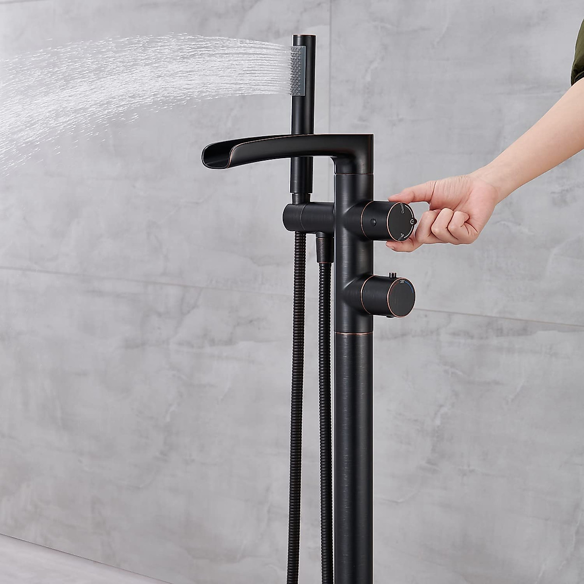Qinkell Thermostatic Freestanding Tub Filler Floor Mount Waterfall Bathtub Faucet Oil-Rubbed Bronze Bathroom Taps with Handheld Shower